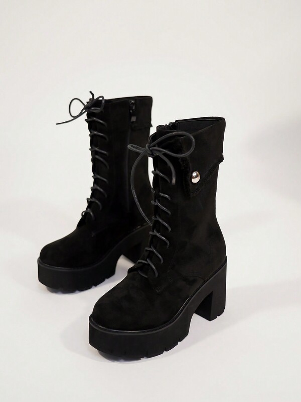 Women's Elegant Style Zipper Chain & Round Toe Chunky Heel Chelsea ...