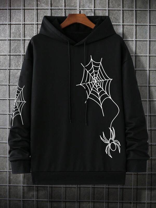 Manfinity EMRG Men Plus Spider Web Print Drawstring Hoodie | SHEIN USA