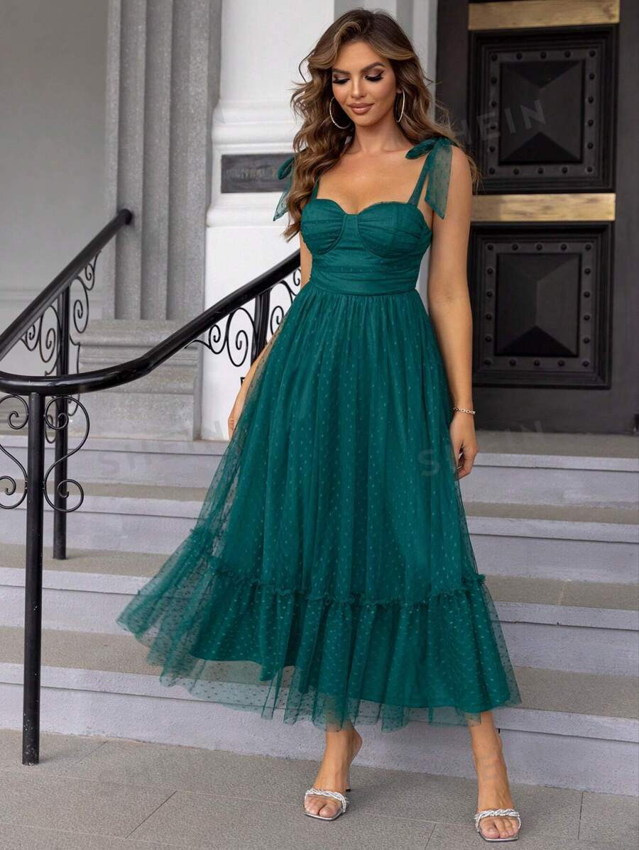 Joyfunear Tie Shoulder Ruffle Hem Mesh Overlay Dress | SHEIN USA