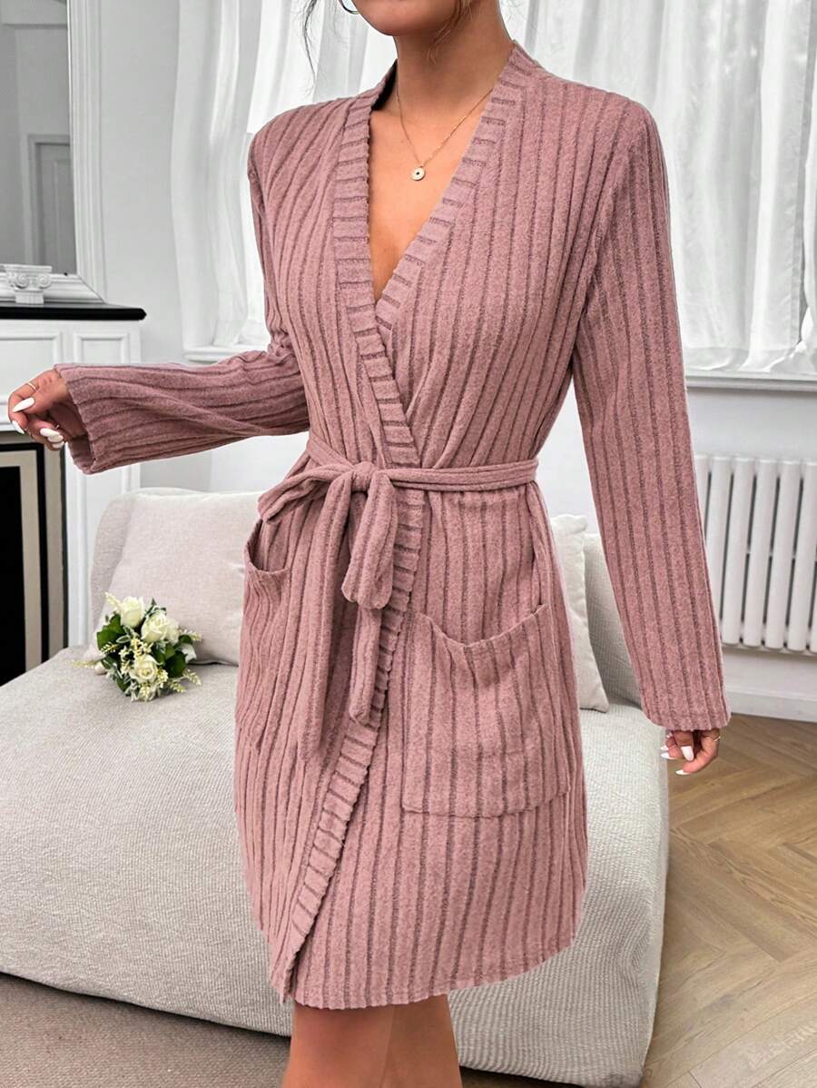 Solid Belted Ribbed Knit Belted Robe | SHEIN USA