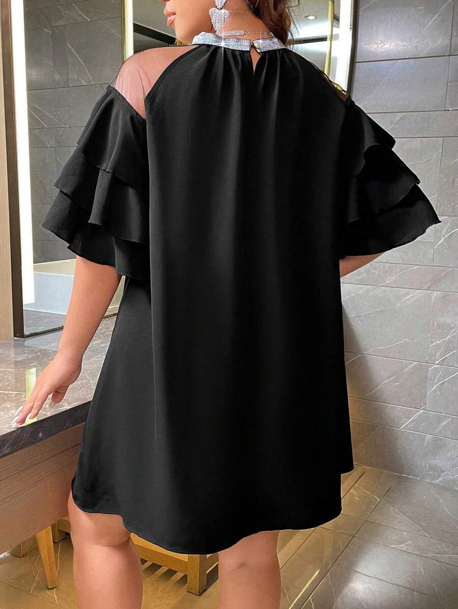 Celure Plus Contrast Mesh Insert Mock Neck Ruffle Trim Dress Shein Usa