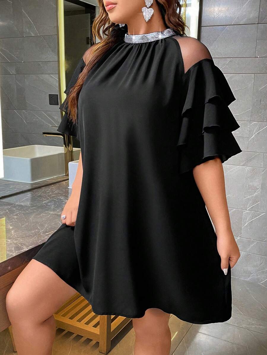 Celure Plus Contrast Mesh Insert Mock Neck Ruffle Trim Dress Shein Usa
