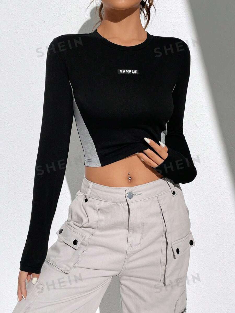 SHEIN EZwear Spring Letter Patched Colorblock Crop Tee | SHEIN UK