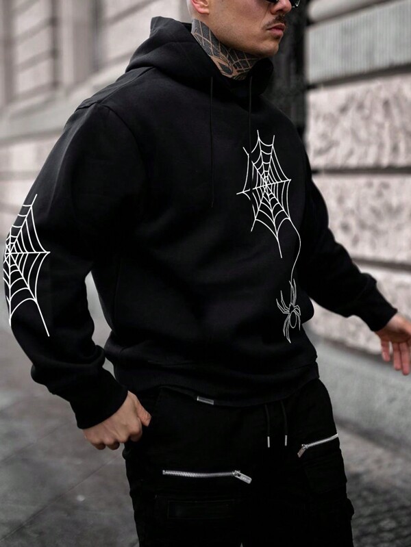 Manfinity EMRG Men Plus Spider Web Print Drawstring Hoodie | SHEIN USA
