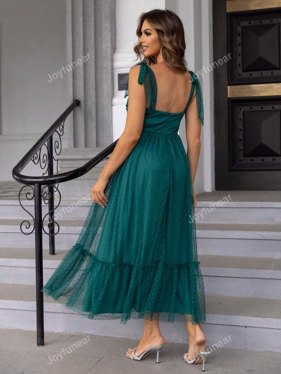 Joyfunear Tie Shoulder Ruffle Hem Mesh Overlay Dress | SHEIN USA