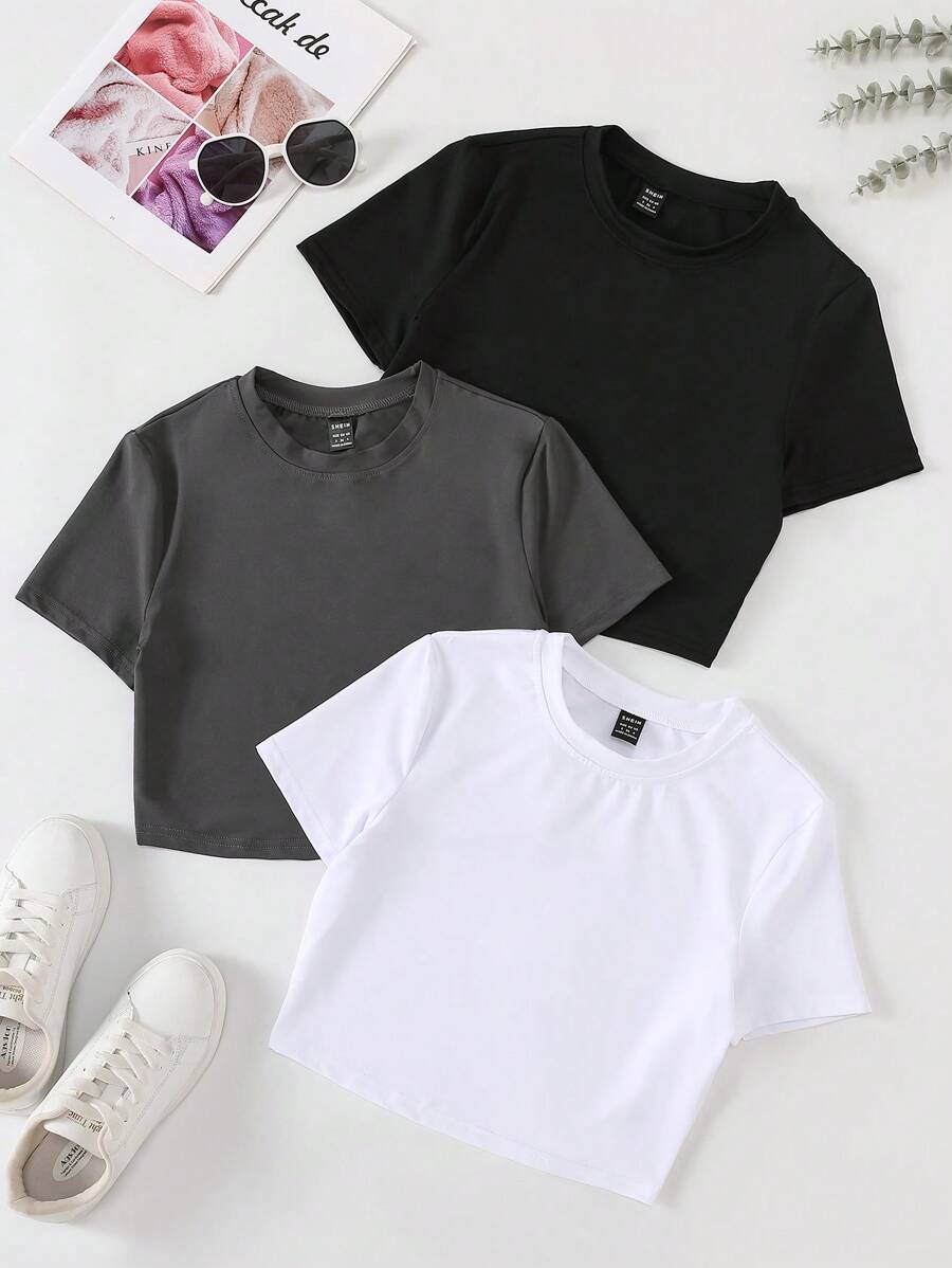 Lunelith SHEIN Lunessa 3pcs Solid Round Neck Tee Graphic Tees Women ...