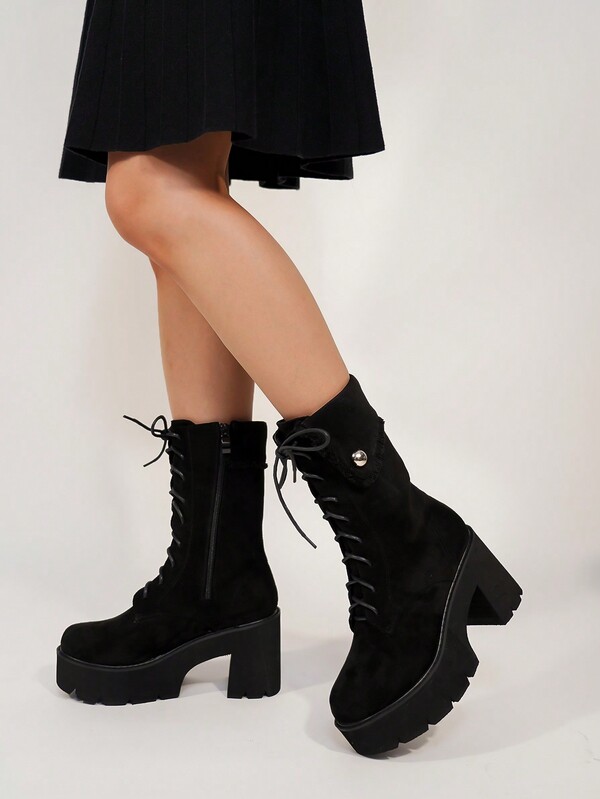 Women's Elegant Style Zipper Chain & Round Toe Chunky Heel Chelsea ...