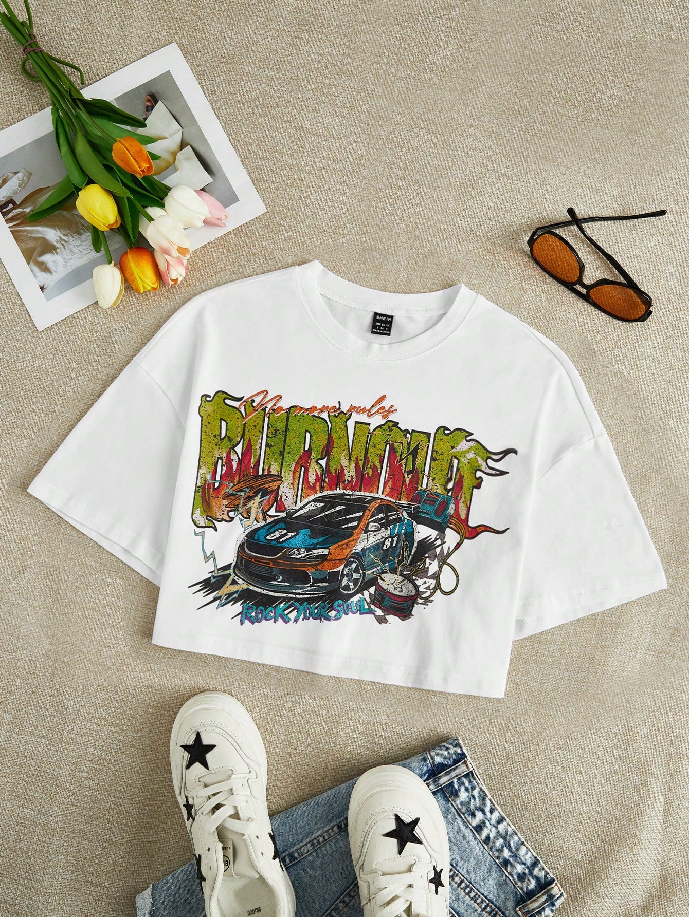 Shein Coolane Car And Letter Graphic Drop Shoulder Crop Tee Shein Usa