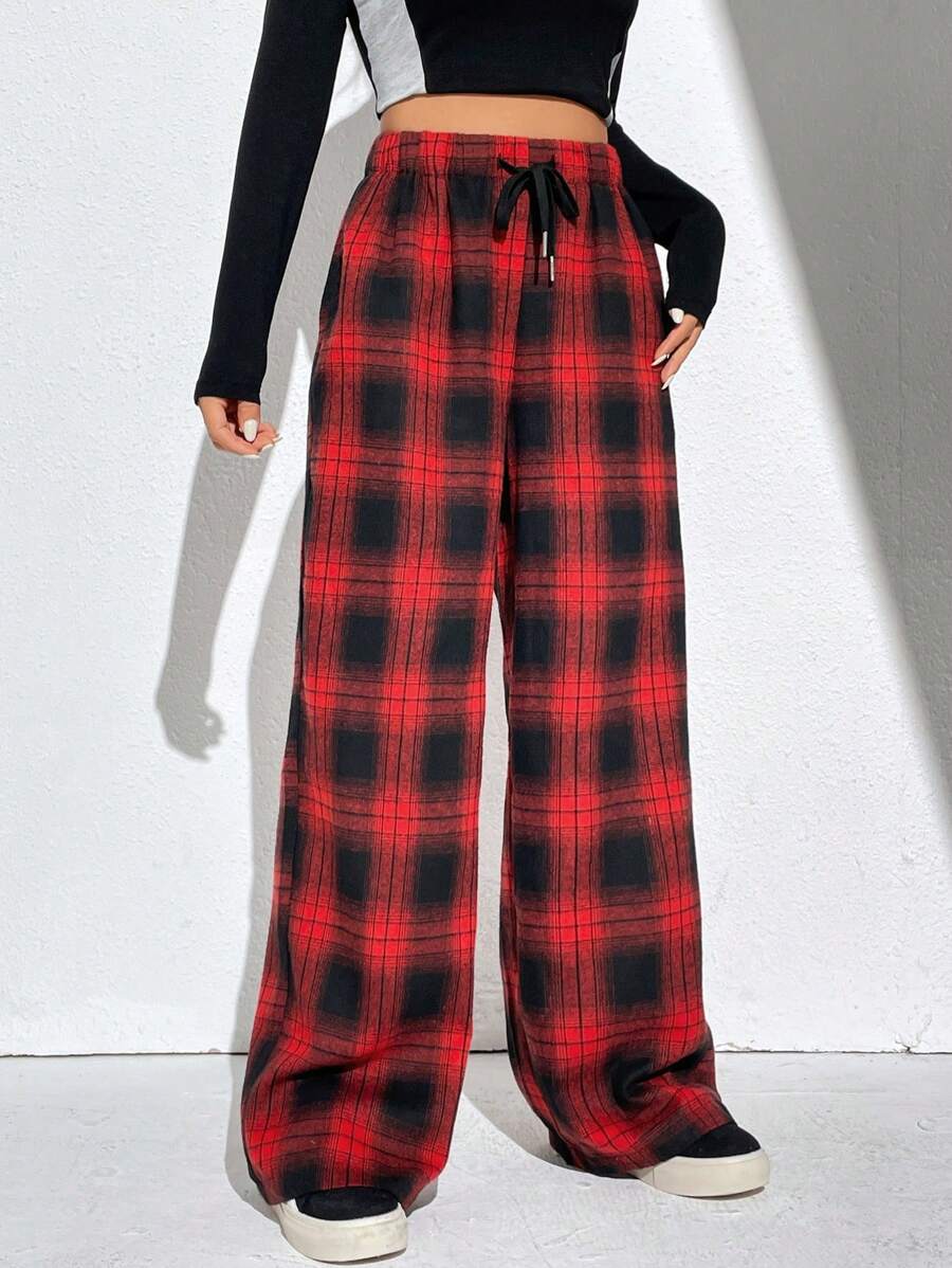 SHEIN EZwear Summer Red Plaid Print Drawstring Waist Wide Leg Pants ...