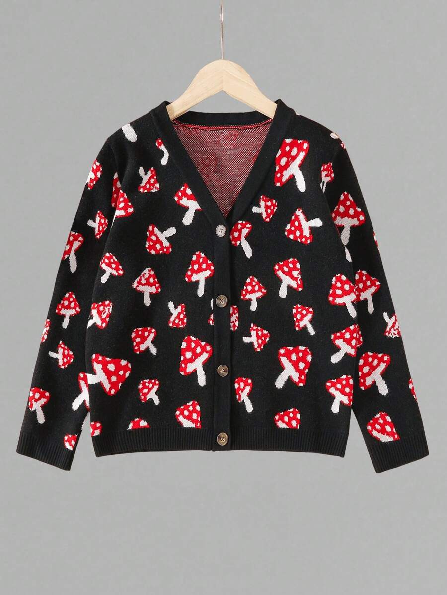 Shein Tween Girl Mushroom Pattern Button Front Cardigan Shein South