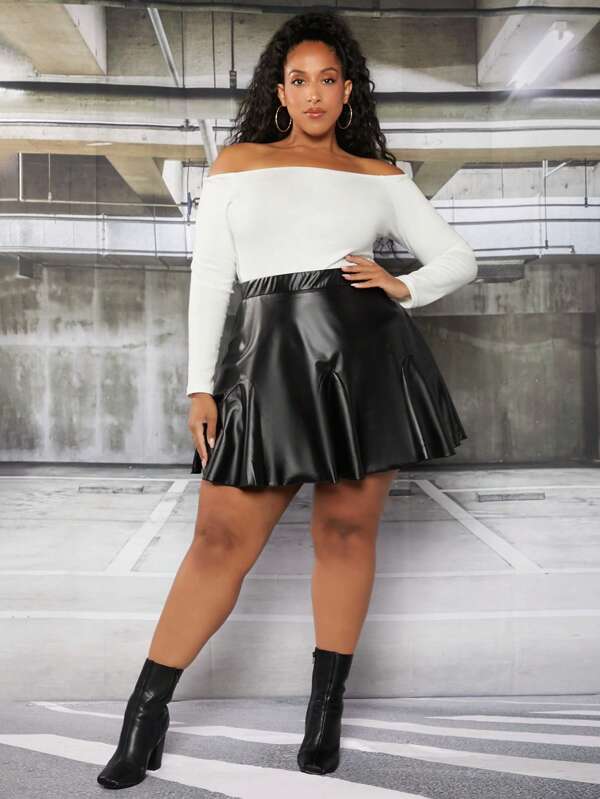 SHEIN CURVE+ Plus Solid PU Leather Flare Hem Skirt | SHEIN USA