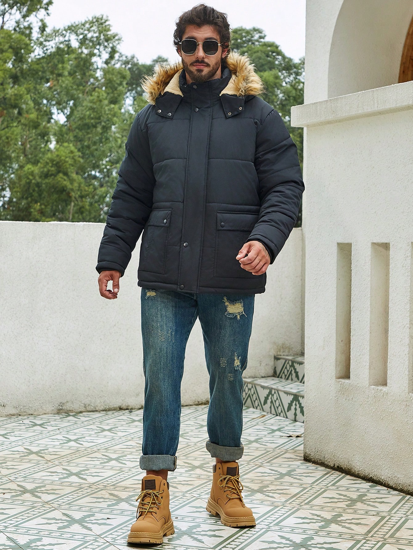 Manfinity Homme Loose Men's Plus Size Flap Pocket Fuzzy Trim Hooded ...