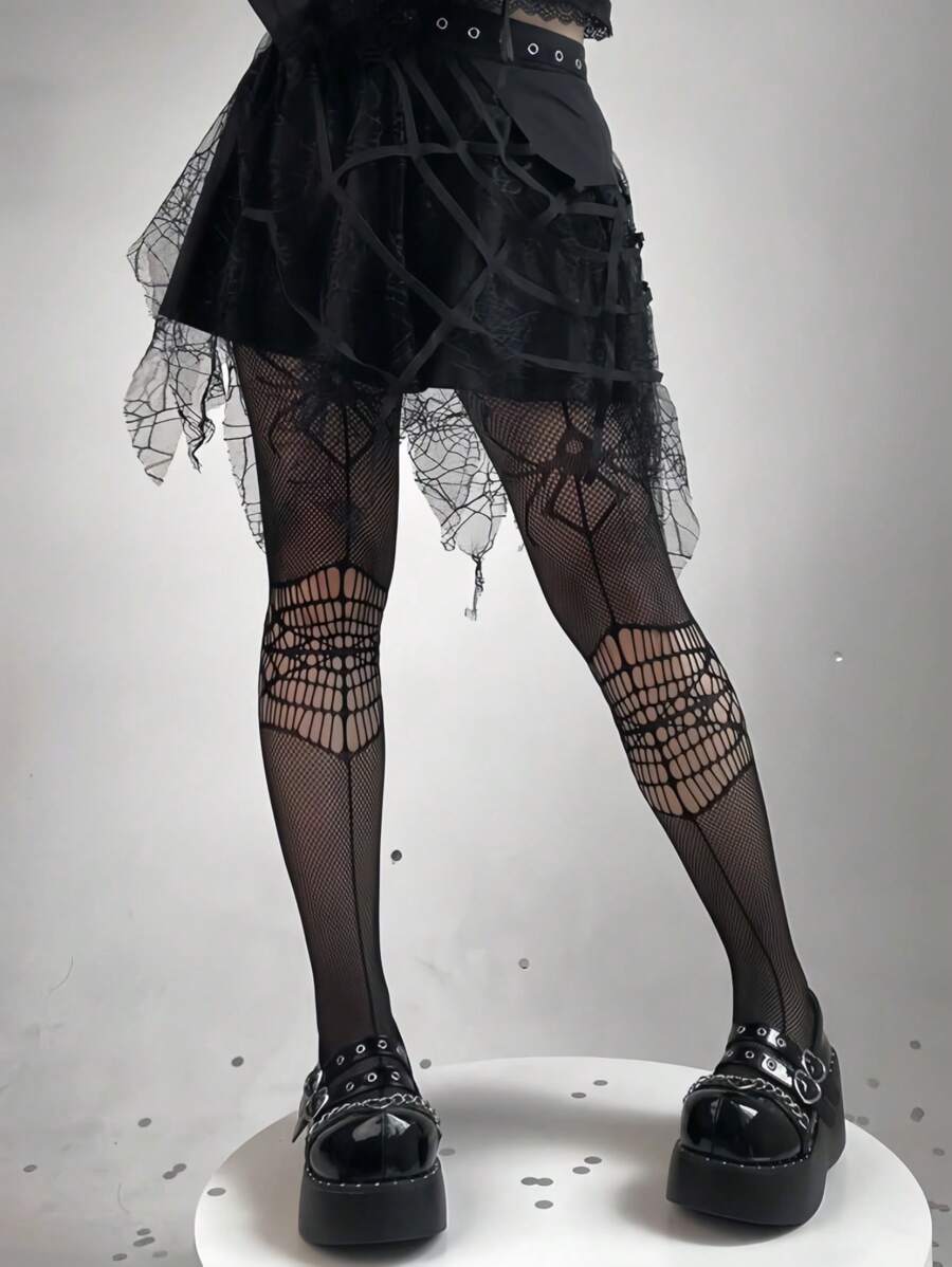 ROMWE Goth 1pair Women Spider Pattern Fishnet Tights | SHEIN UK