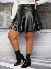 SHEIN CURVE+ Plus Solid PU Leather Flare Hem Skirt | SHEIN USA
