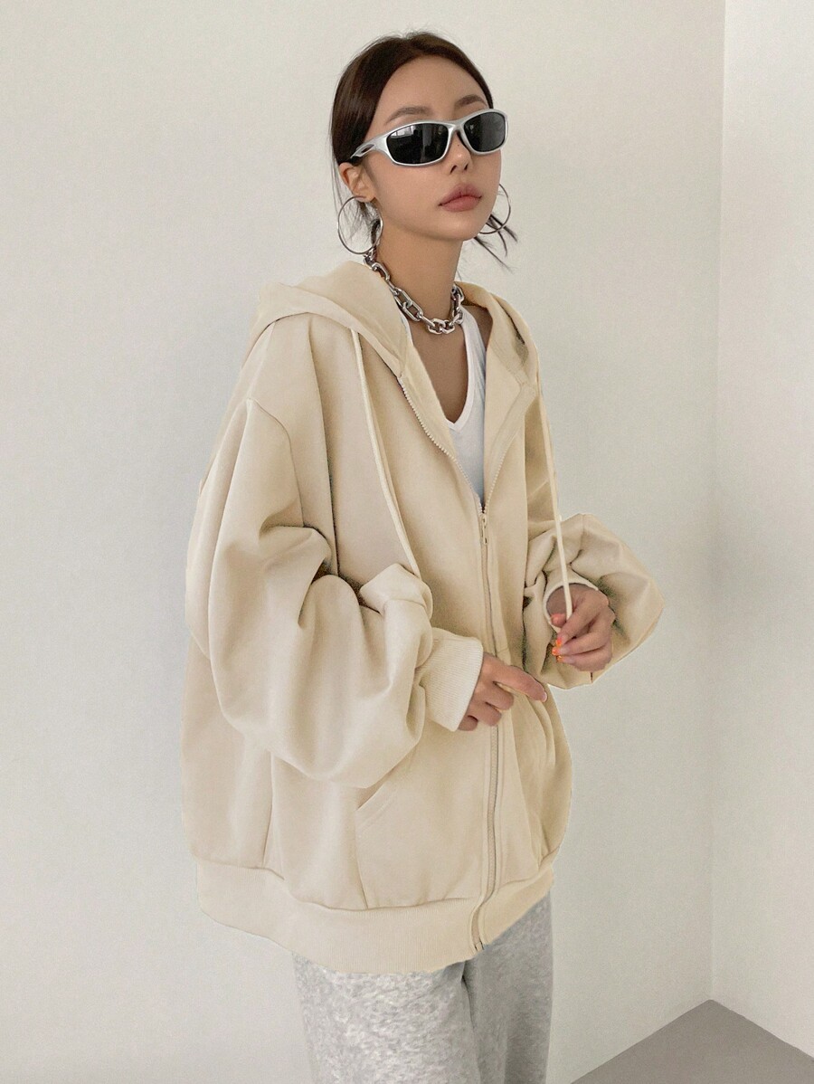 DAZY Solid Drop Shoulder Zip Up Drawstring Thermal Lined Hoodie | SHEIN USA