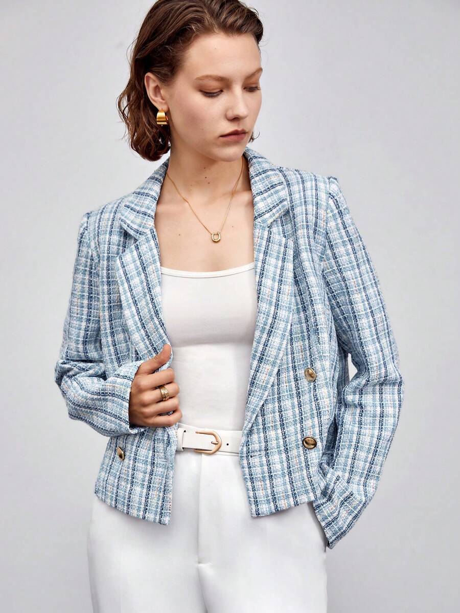 BizChic Plaid Pattern Double Breasted Blazer | SHEIN USA