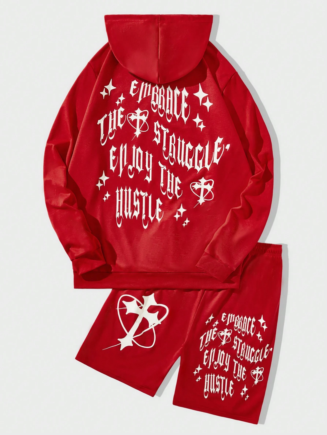 Romwe Street Life Men Skull And Slogan Graphic Drawstring Hoodie And Shorts