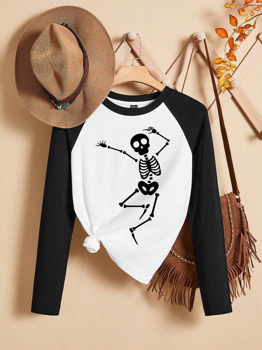 SHEIN LUNE Skeleton Print Raglan Sleeve Tee | SHEIN UK