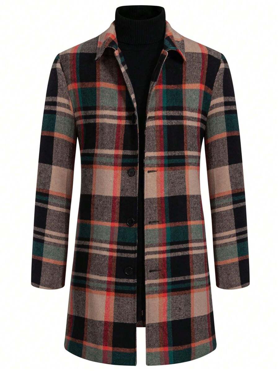 Manfinity Homme Loose Men's Plaid Print Button Front Coat Without ...