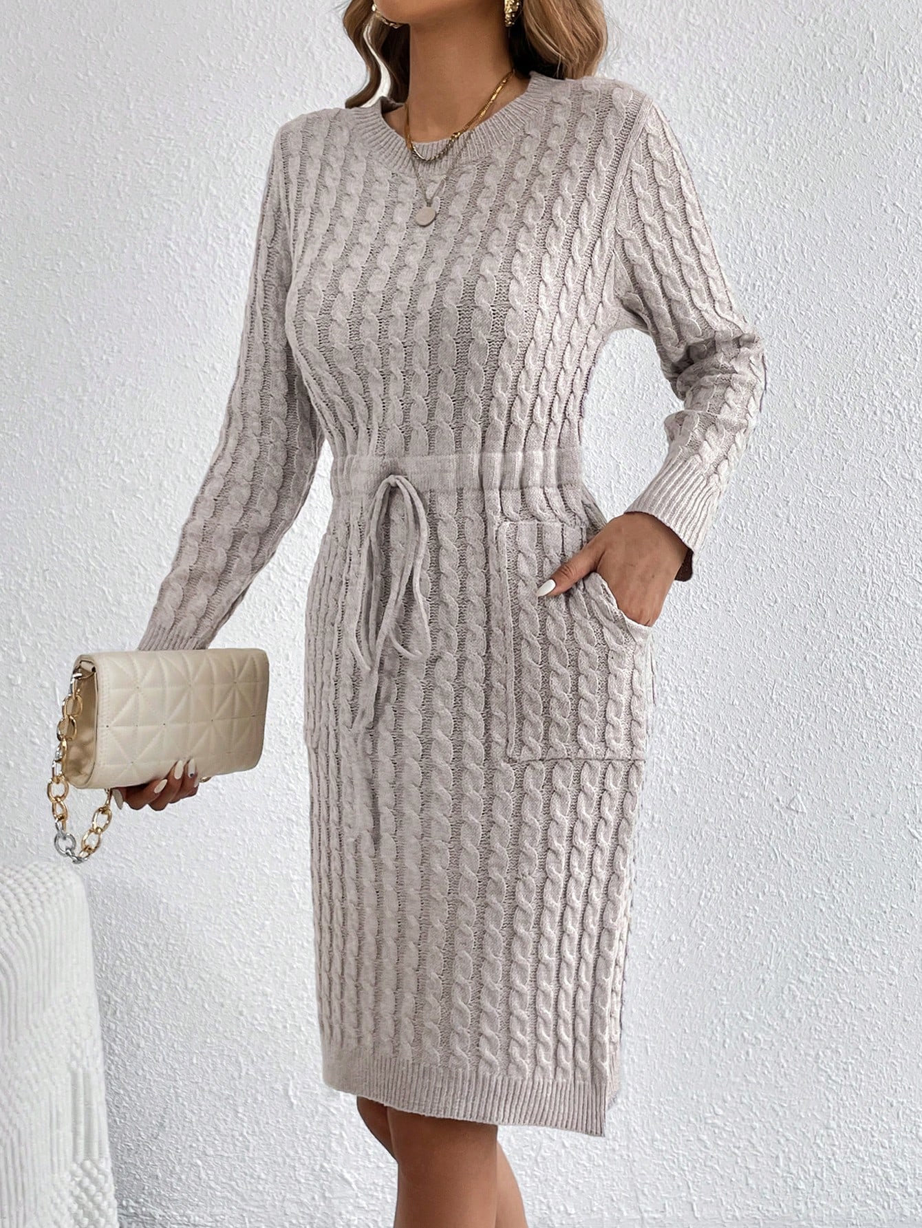 SHEIN Essnce Dual Pocket Cable Knit Drawstring Waist Sweater Dress ...
