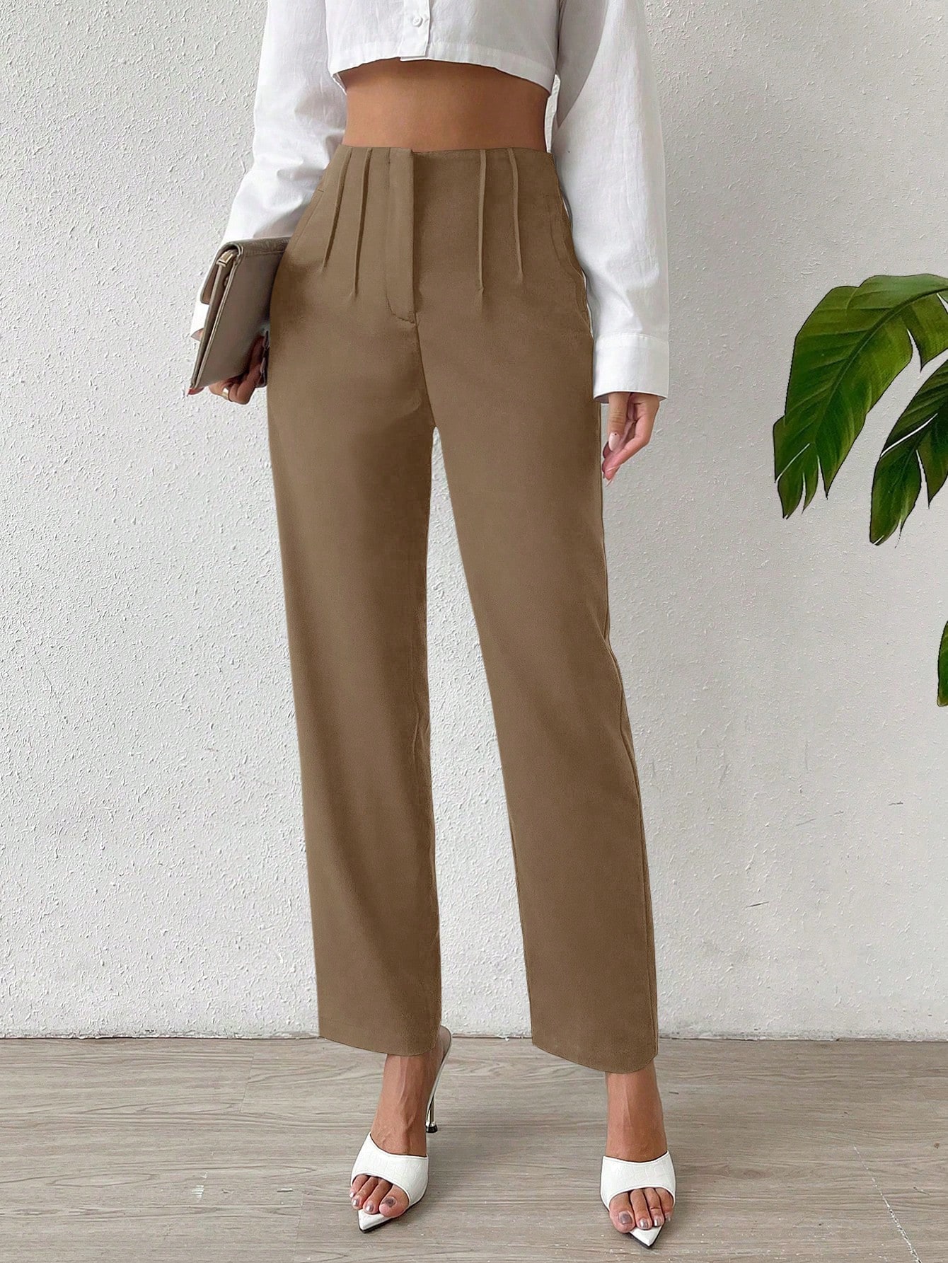 SHEIN Essnce Solid Fold Pleated Straight Leg Pants | SHEIN USA