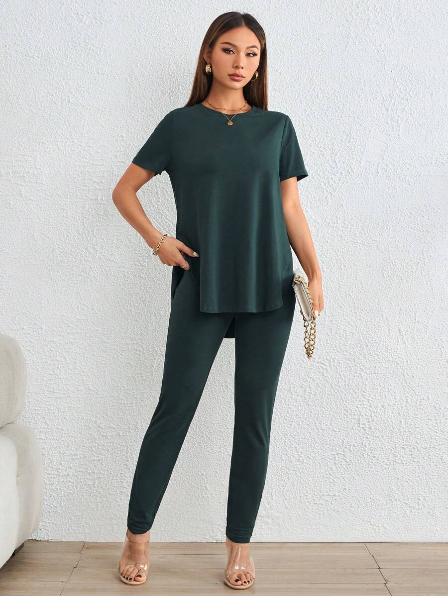 SHEIN Privé Solid Split Hem Tee & Leggings | SHEIN USA