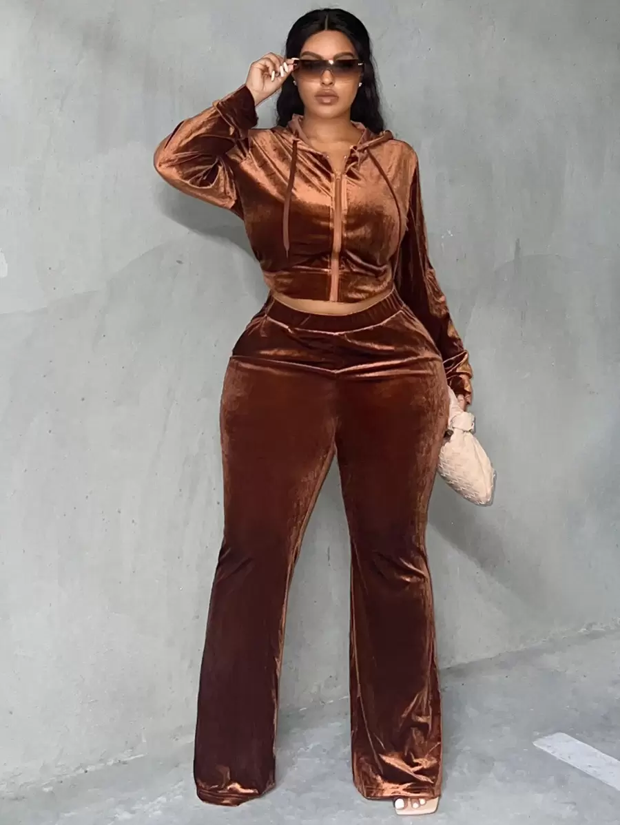 Slaydiva Plus Size Women 2pcs Set: Fitted Solid Brown Long Sleeve ...