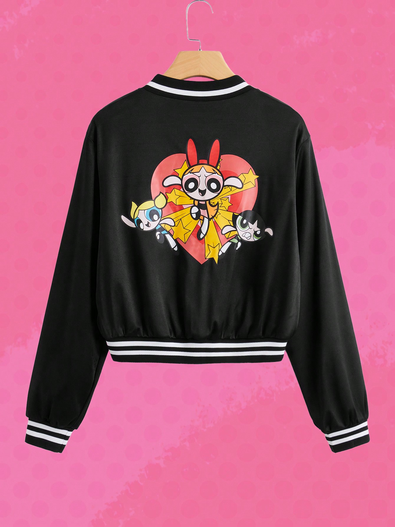 The Powerpuff Girls | ROMWE Cartoon Graphic Striped Trim Bomber Jacket ...