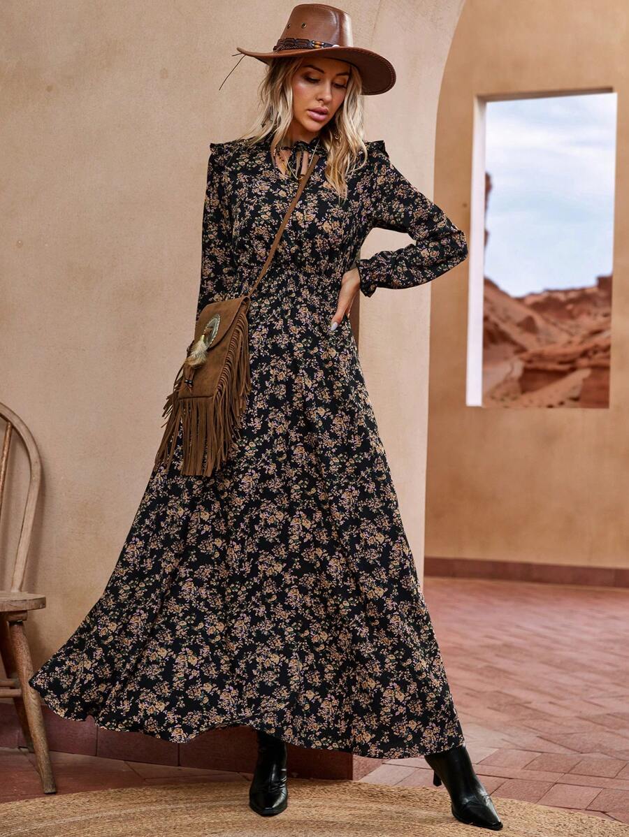 LanaWest Ditsy Floral Print Ruffle Trim Dress Maxi Vacation Beach Outfits Women Fall Cloth For ...