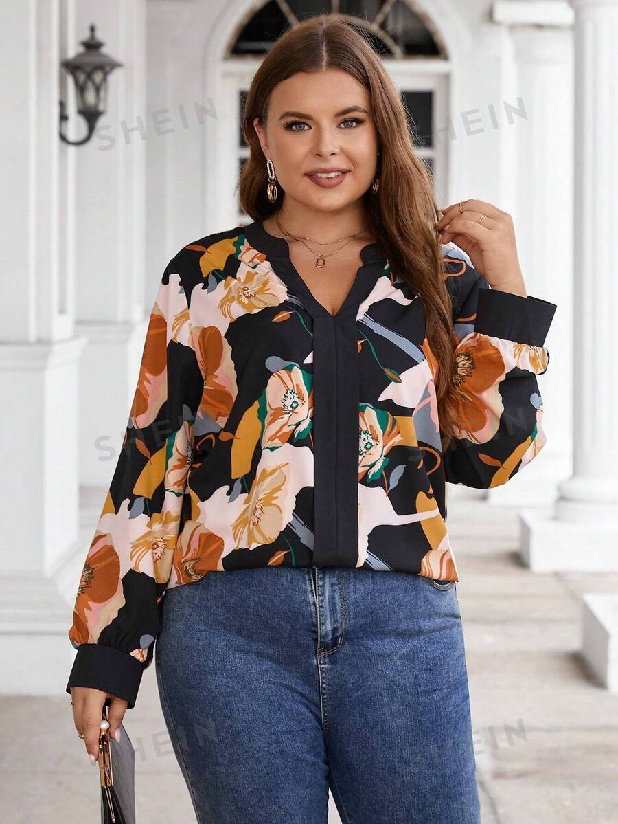 Shein Clasi Plus Floral Print Notched Neckline Contrast Trim Lantern