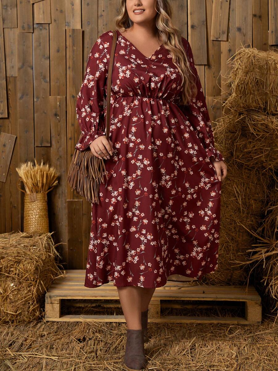 EMERY ROSE Plus Floral Print Flare Sleeve Dress | SHEIN USA