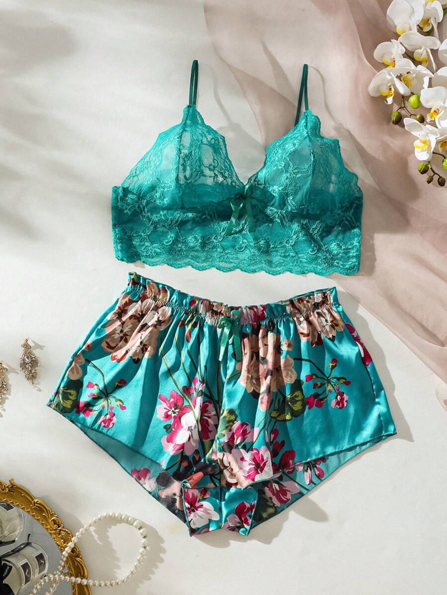 Plus Floral Lace Bralette With Floral Print Satin Shorts Shein Usa