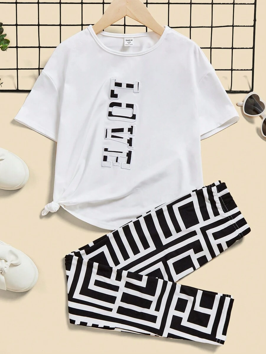 Shein Tween Girl Letter Graphic Tee And Geo Print Leggings Shein Usa