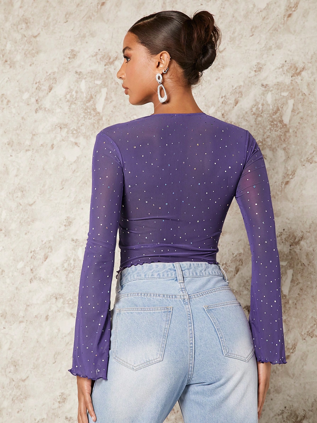 SHEIN BAE Square Neck Asymmetrical Hem Glitter Mesh Top | SHEIN USA