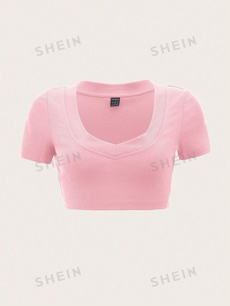 Shein Ezwear Solid Sweetheart Neck Crop Tee Shein Usa