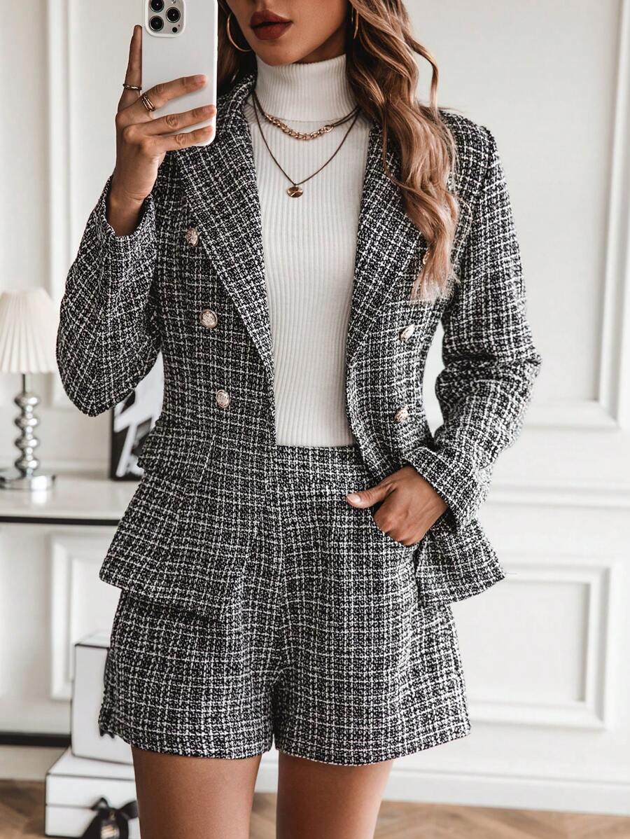 SHEIN Clasi Plaid Pattern Double Breasted Blazer & Shorts | SHEIN USA