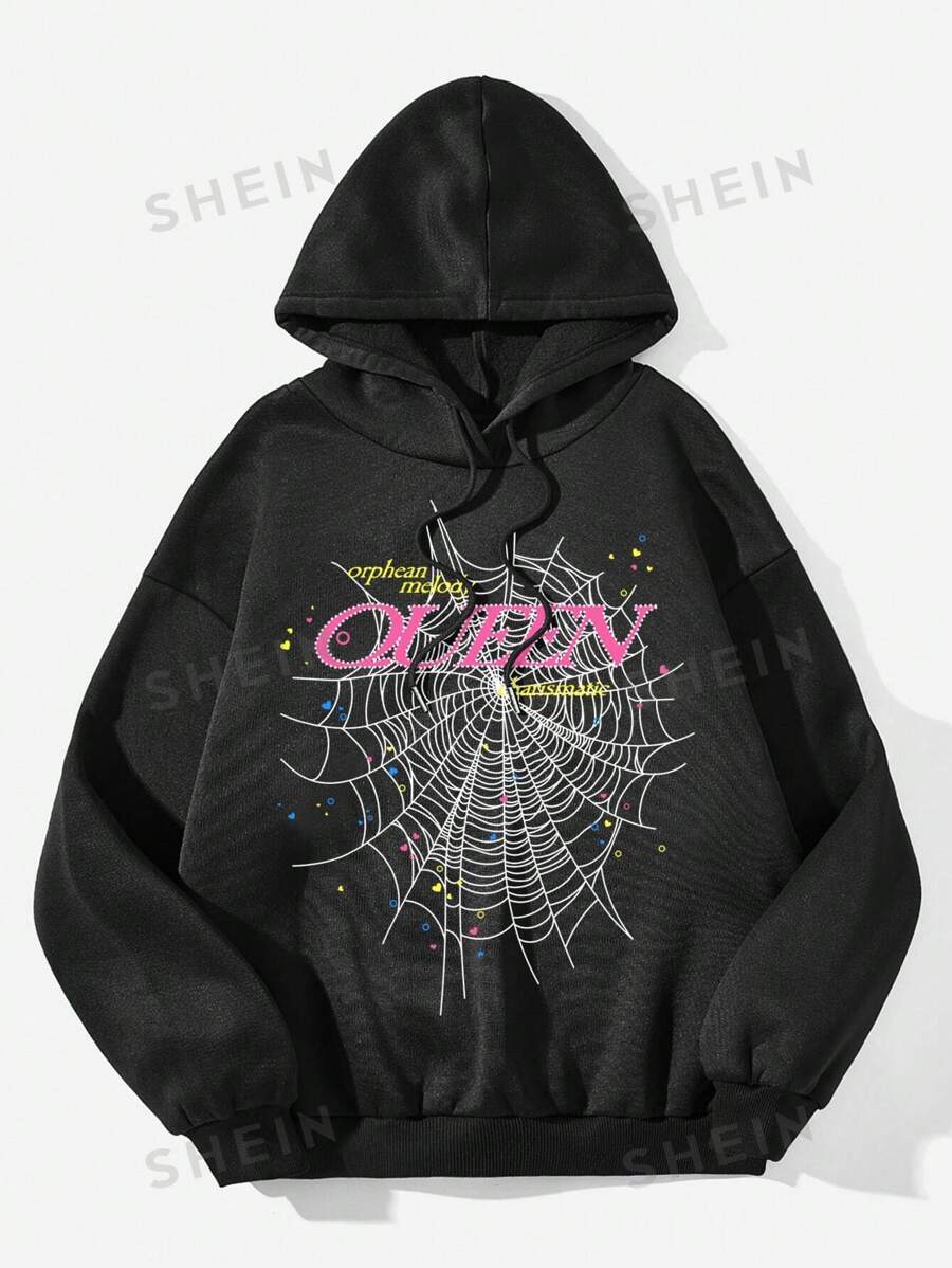 Shein Coolane Casual And Simple Spider Web And Letter Printed Hooded Long