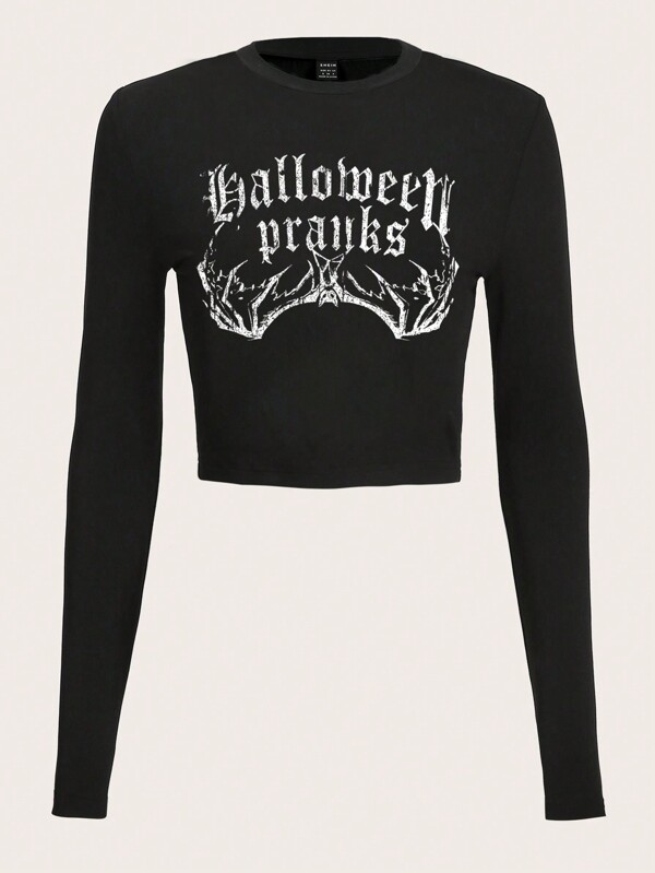 SHEIN EZwear Slogan & Skeleton Hand Print Crop Tee | SHEIN USA