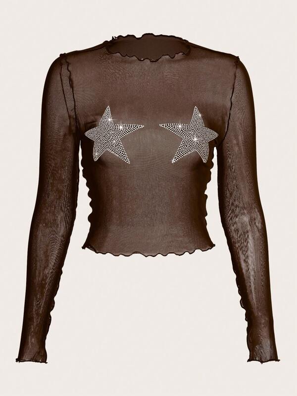 SHEIN ICON Estrela Strass Franzido Malha Top | SHEIN Brasil