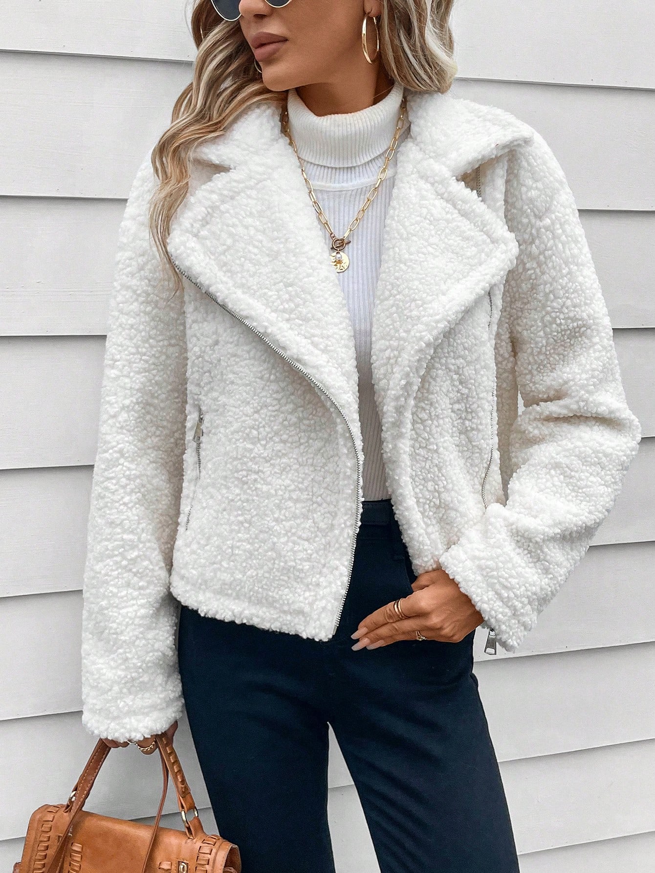 SHEIN LUNE Lapel Neck Zip Up Teddy Jacket | SHEIN UK