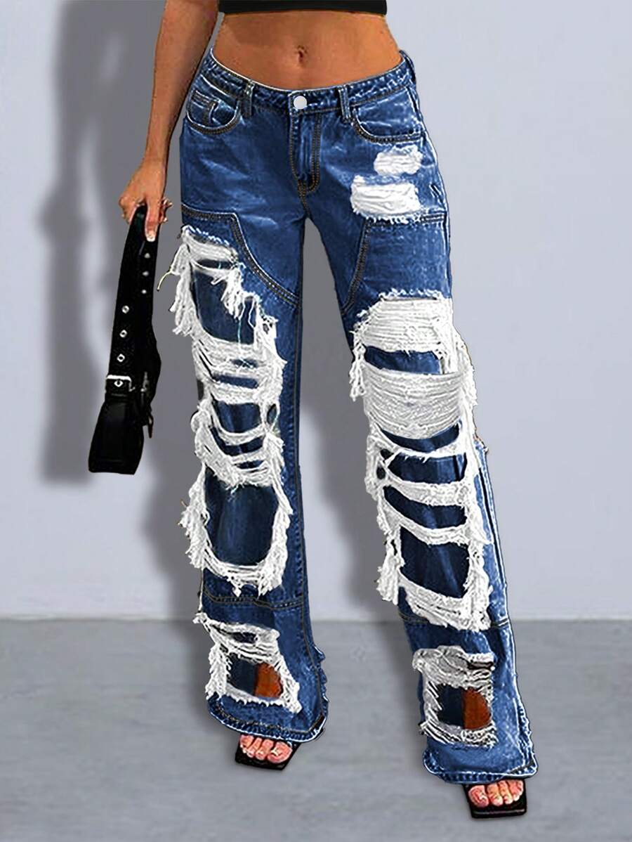Ripped Cut Out Straight Leg Jeans | SHEIN USA