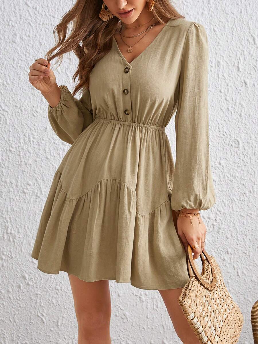 Shein Vcay Solid Lantern Sleeve Ruffle Hem Button Detail Dress Shein Usa