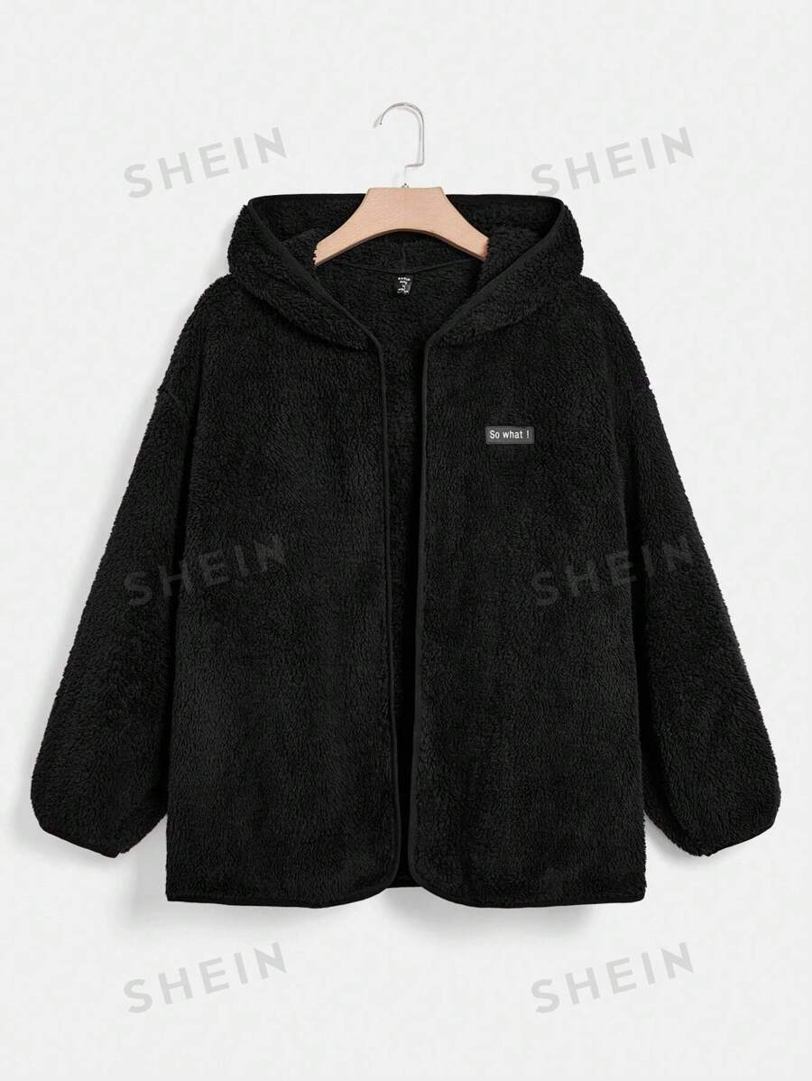 SHEIN EZwear Plus Letter Patched Drop Shoulder Hooded Teddy Jacket | SHEIN USA