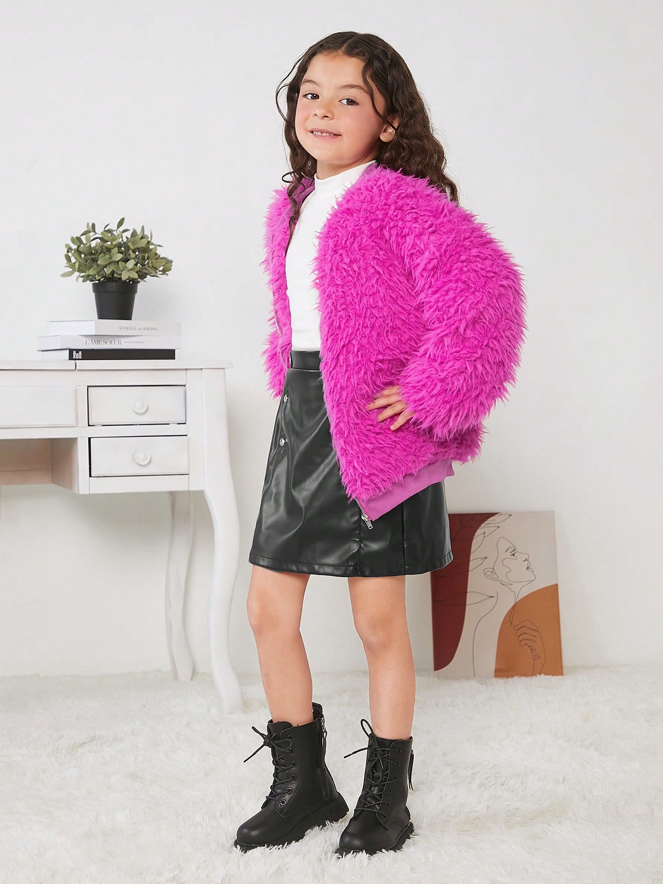SHEIN Kids Cooltwn Tween Girl Solid Zip Up Fuzzy Coat | SHEIN USA