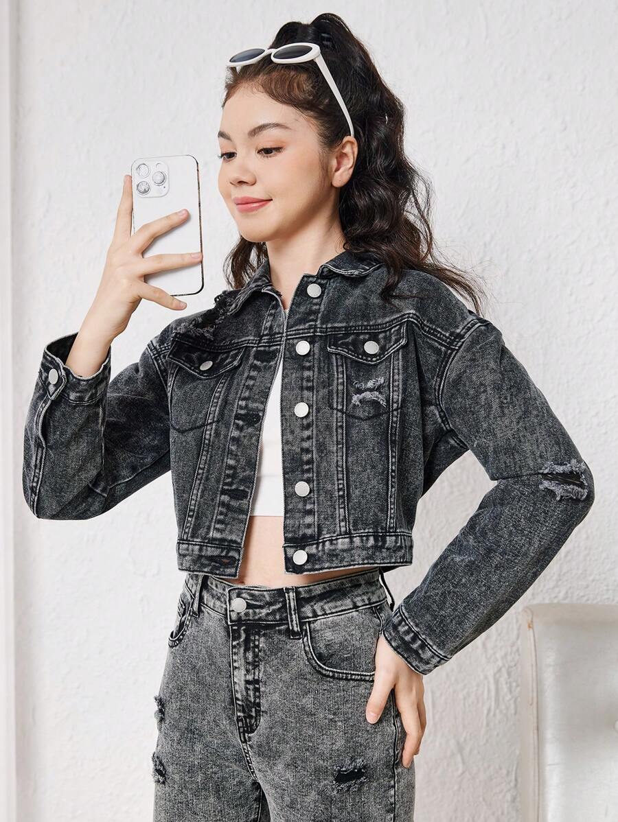Teen Girl Ripped Flap Pocket Denim Jacket | SHEIN USA
