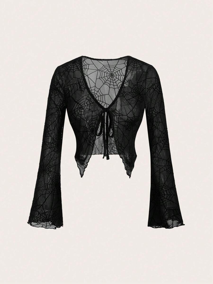 SHEIN ICON Halloween Spider Web Print Flare Sleeve Tie Front Mesh Top ...