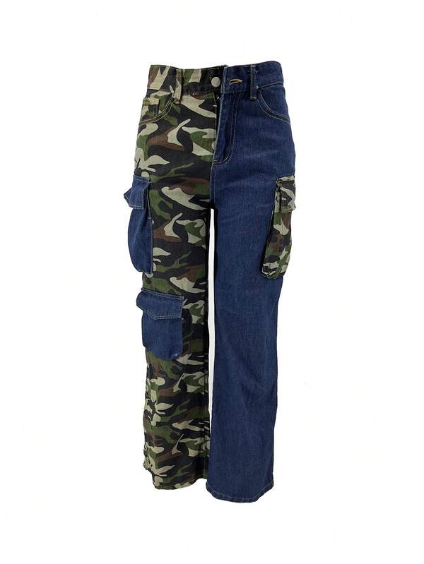 Camo Print Colorblock Wide Leg Jeans | SHEIN USA