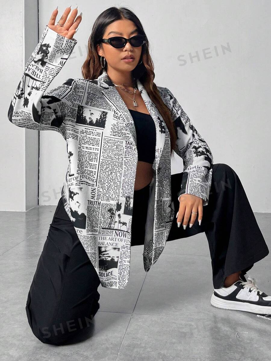 SHEIN EZwear Plus Newspaper Print Single Button Blazer | SHEIN USA