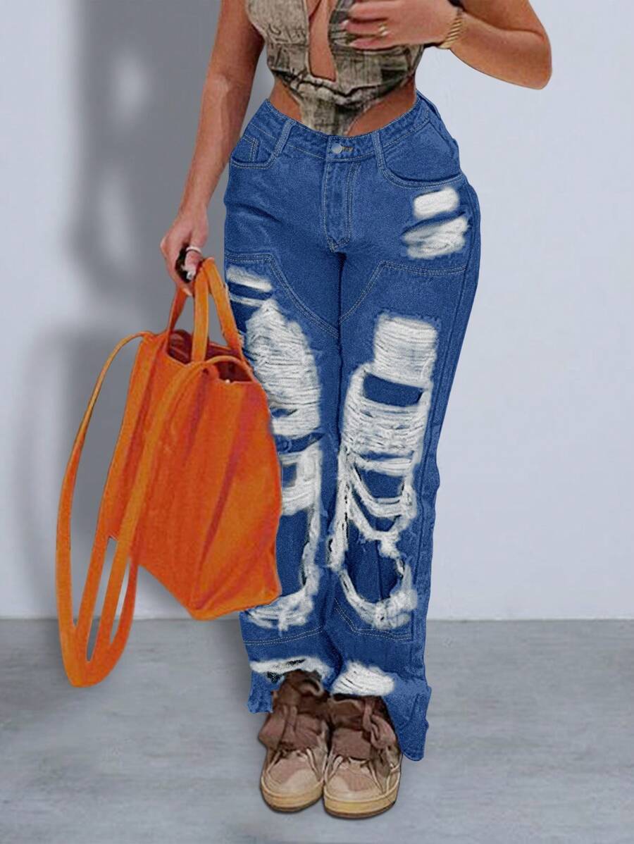 Ripped Cut Out Straight Leg Jeans | SHEIN USA