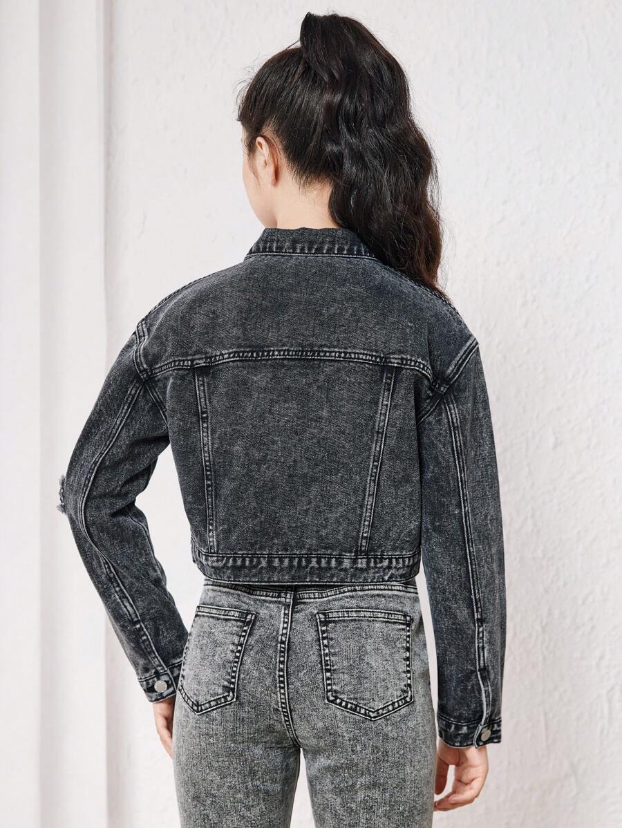 Teen Girl Ripped Flap Pocket Denim Jacket | SHEIN USA